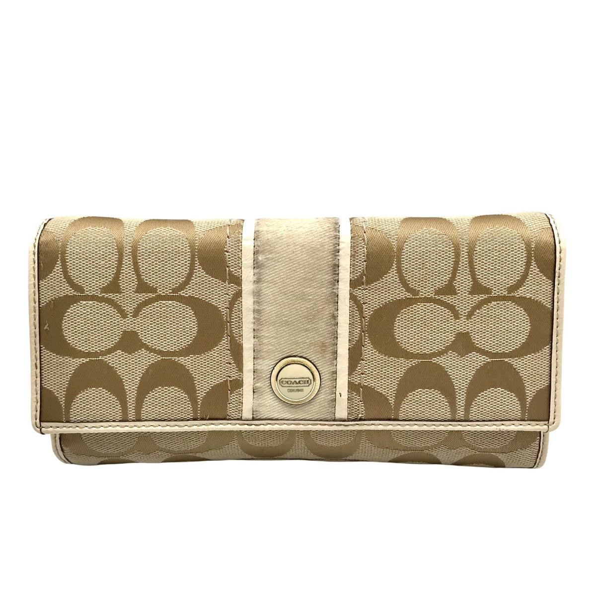 Coach Signature Canvas Beige Monogram Tri-Fold Wallet – One Purse